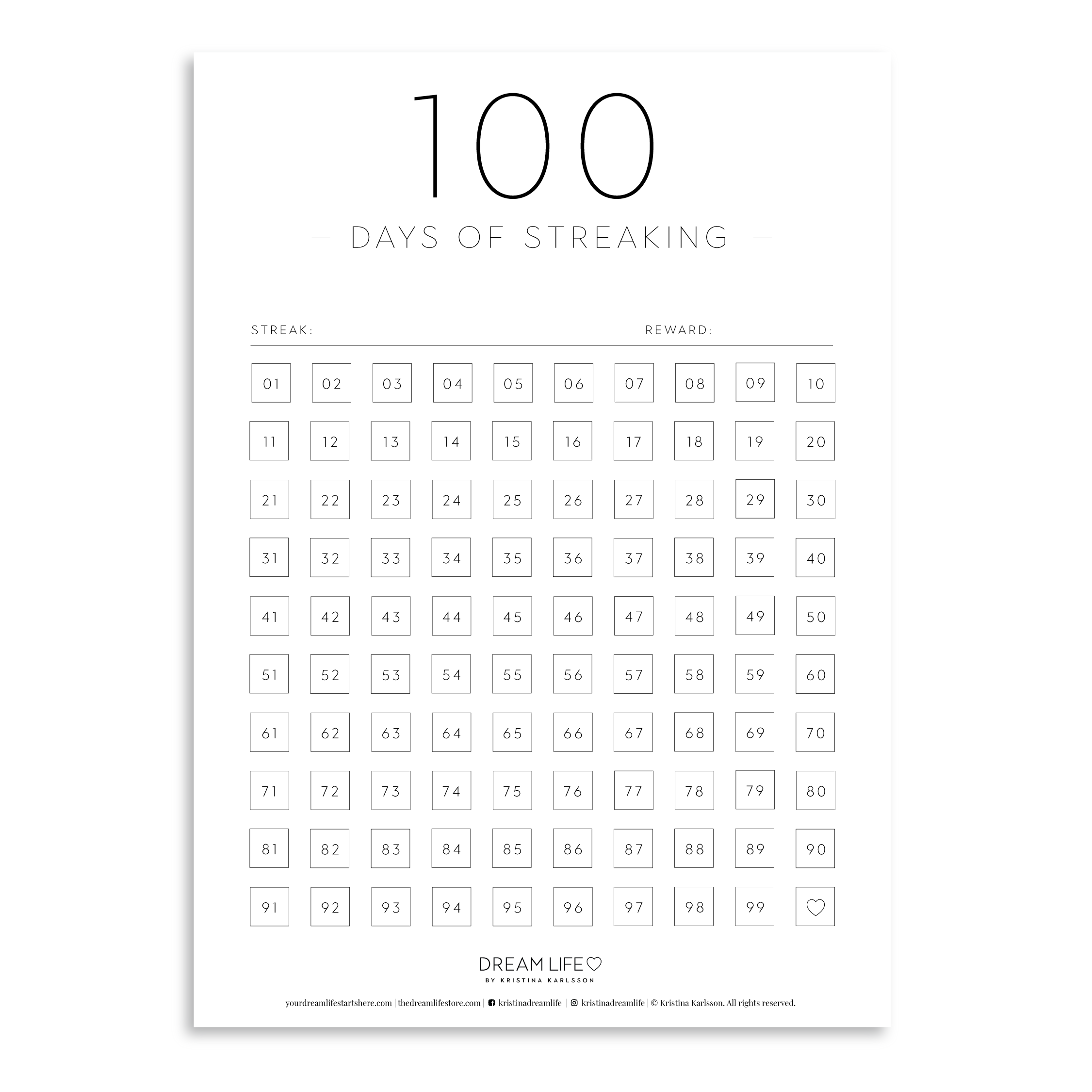100 days STREAKING TRACKER - Downloadable PDF – Dream Life